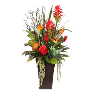 Luscious Tropical Silk Flowers and Greens in Brown Metal Pot - Tropical ...