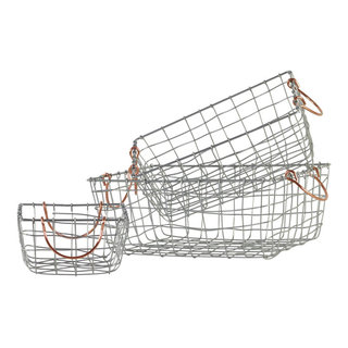 Metal Rectangle Wire Mesh Basket With Copper Handles, Set of 3, Silver ...