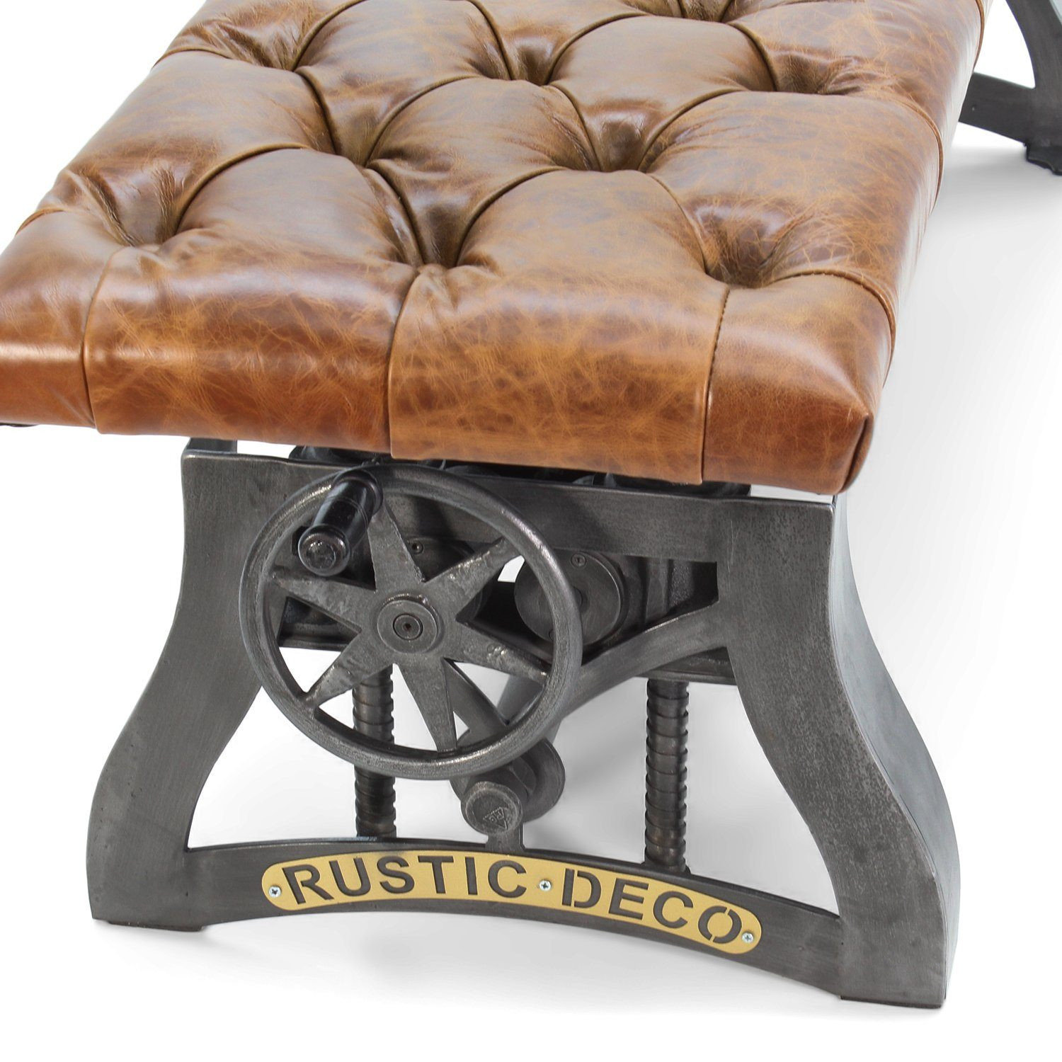Crescent Industrial Dining Bench - Adjustable Iron Base - Brown Leather ...