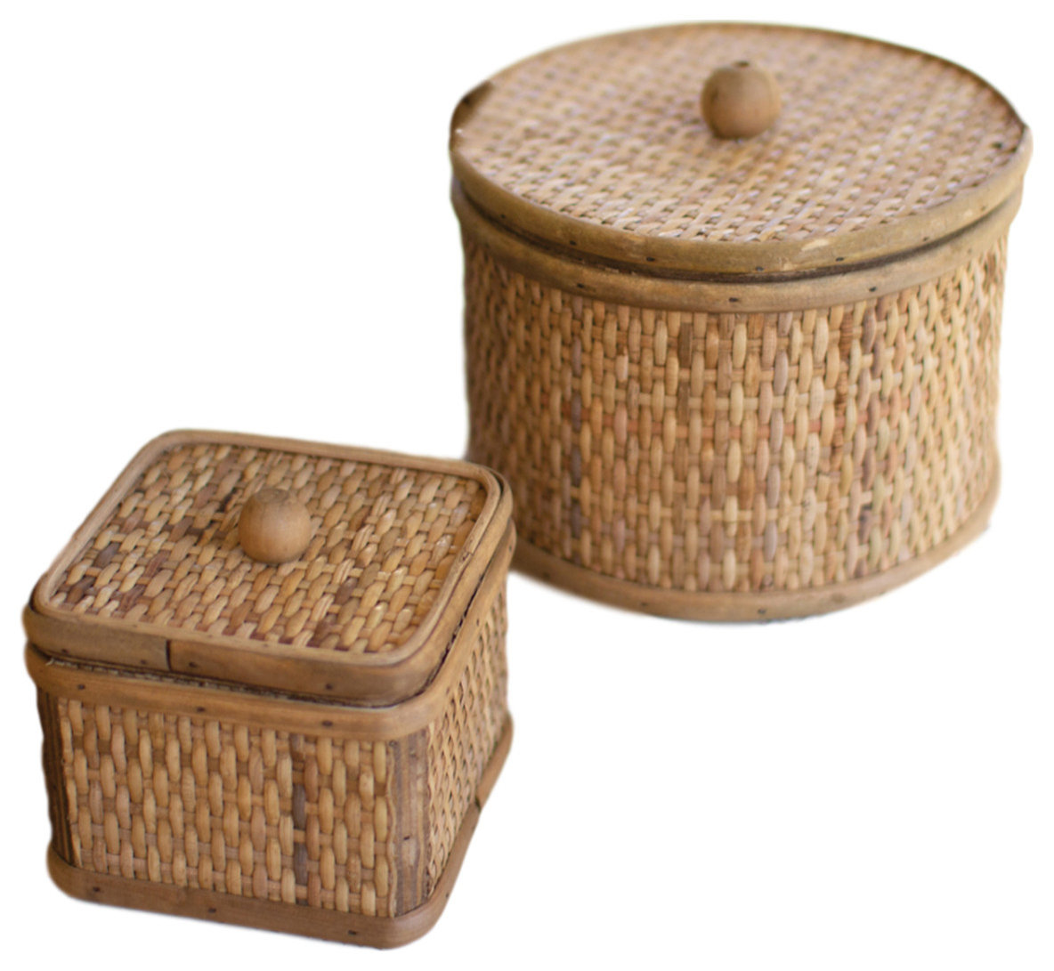 Modern Natural Cane Woven Boxes 2-Piece Set Circle/Square Container ...