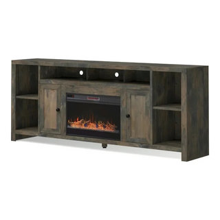 84" Modern Rustic TV Stand with Electric Fireplace, Real Wood Solids ...