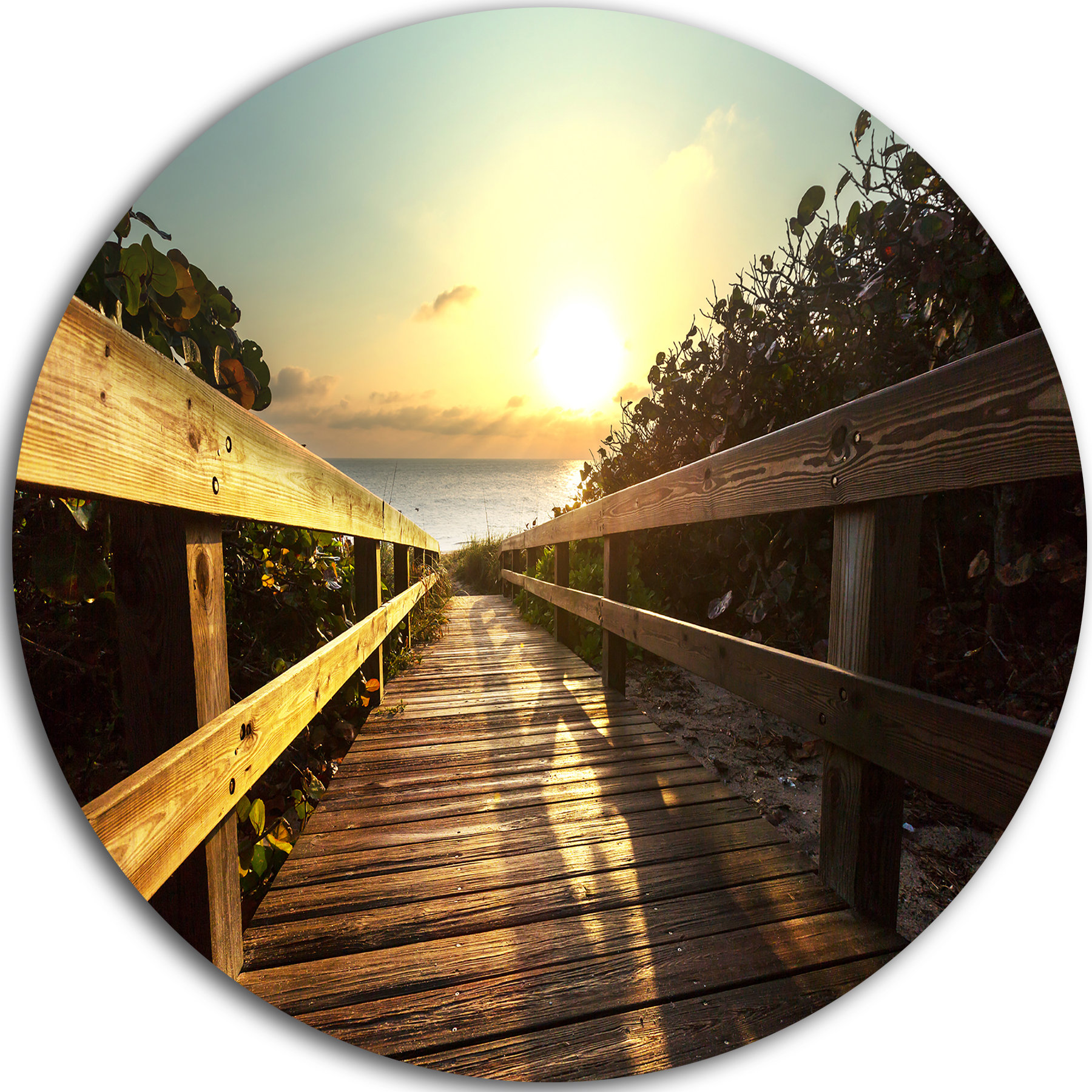 Wood Boardwalk Into The Sunset Sea, Sea Bridge Round Wall Art, Disc of ...