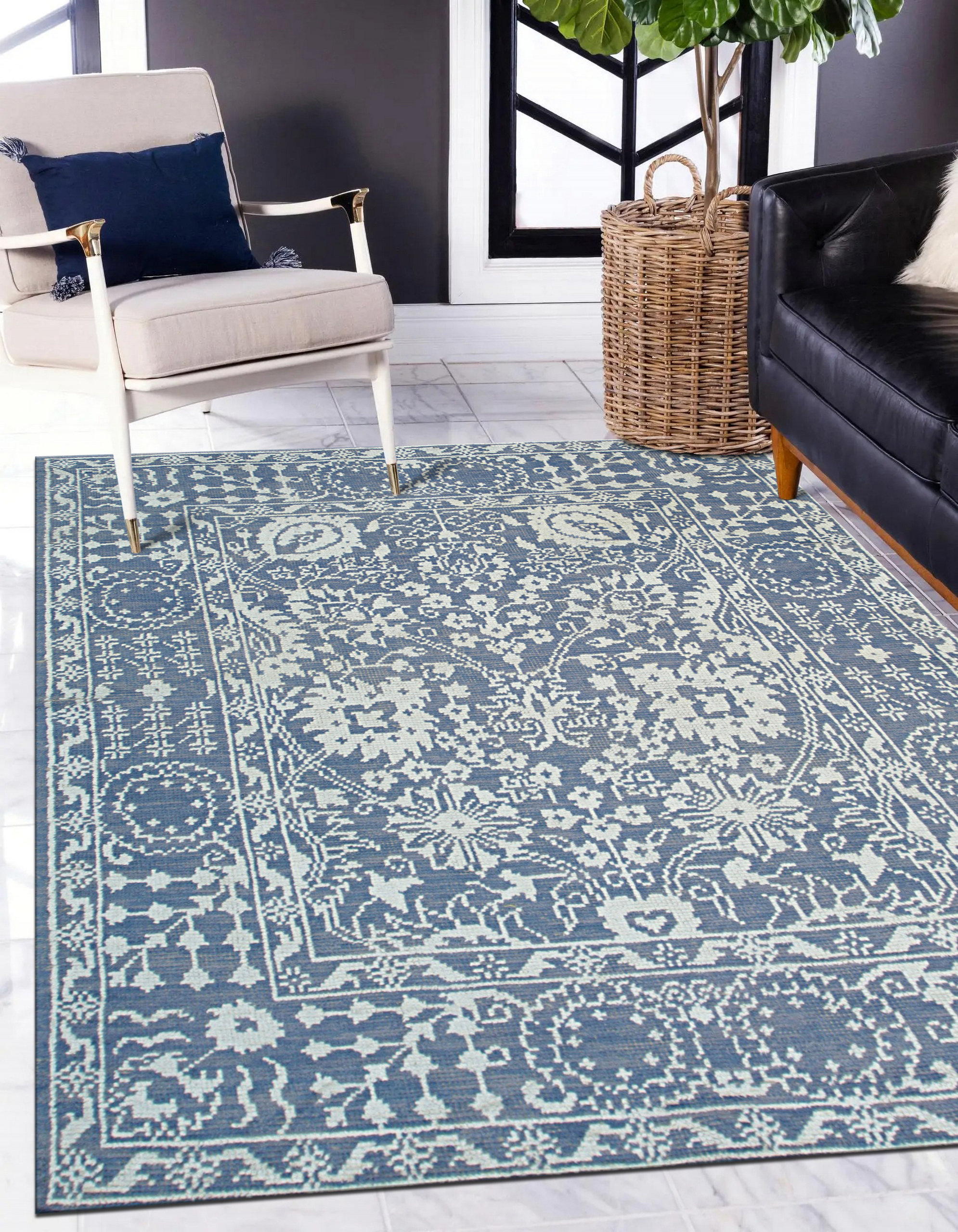 Hand Knotted Wool/Bamboo Silk Blue Traditional Geometric Agra Rug, 10 ...