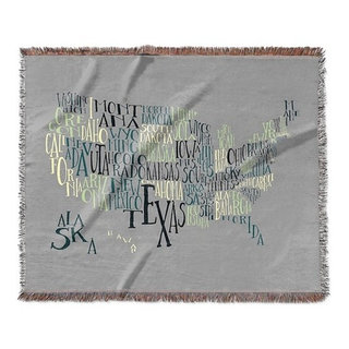 "Gray Earth US Typography Map" Woven Blanket, 80"x60" - Contemporary ...