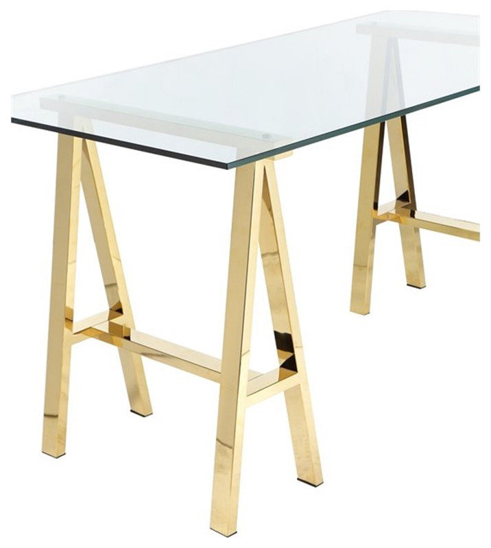 Pangea Home Brady Small Metal Desk with Glass in Polished Gold ...