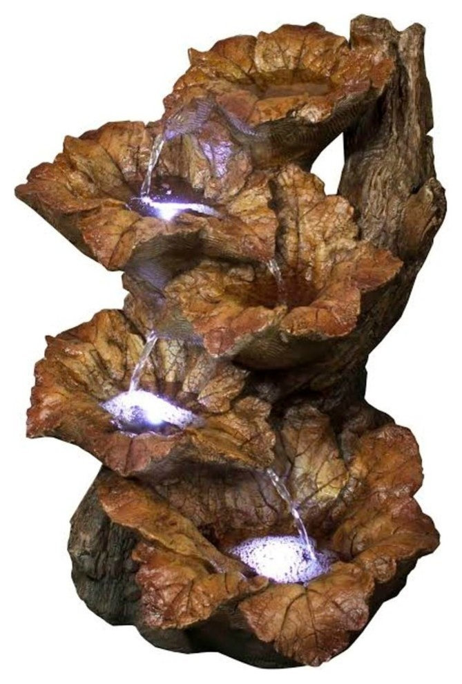 21.75" LED Lighted Wood, Stone and Leaf Basin Spring Garden Water ...