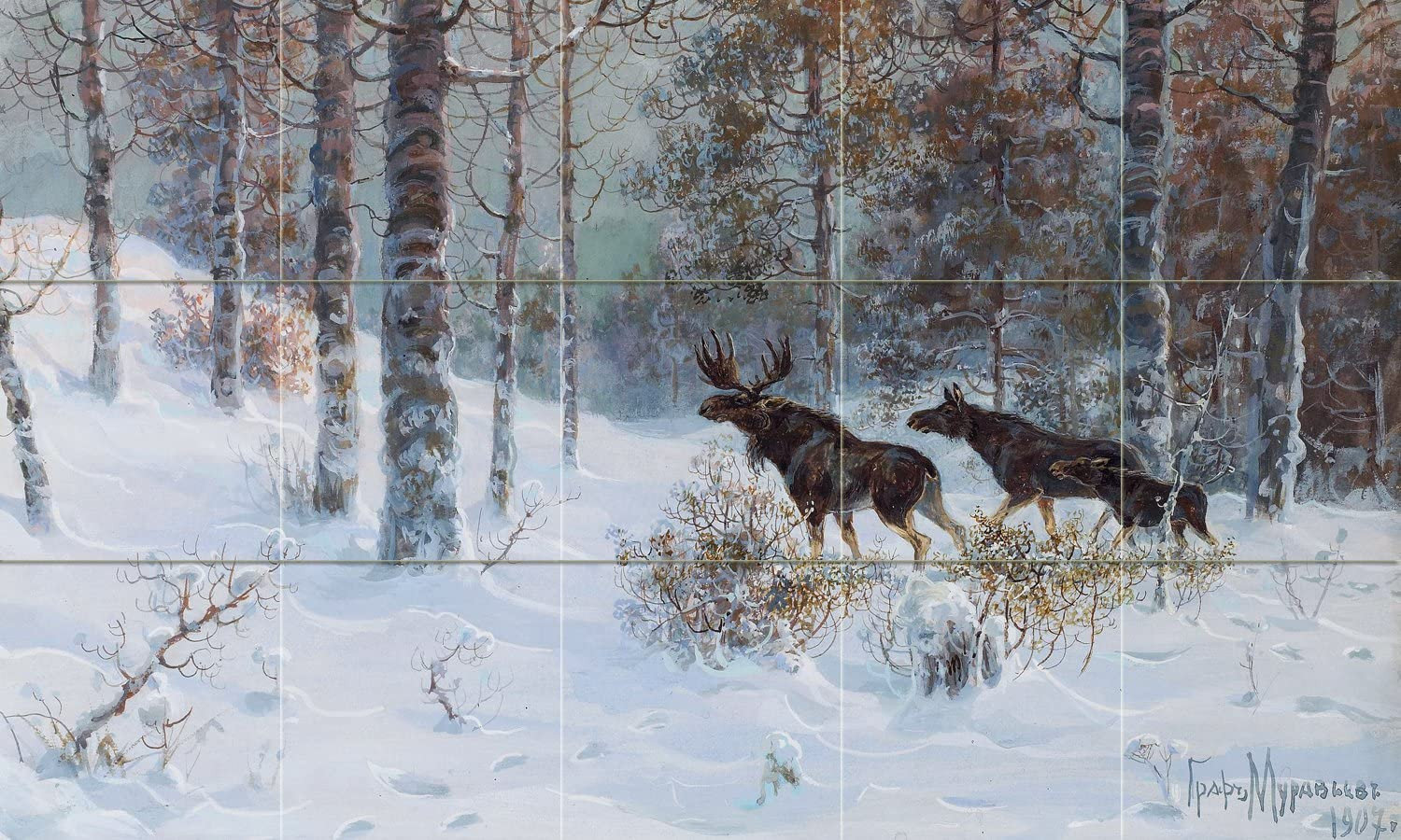 Tile Mural Landscape winter forest snow elk Backsplash, 6" Ceramic ...