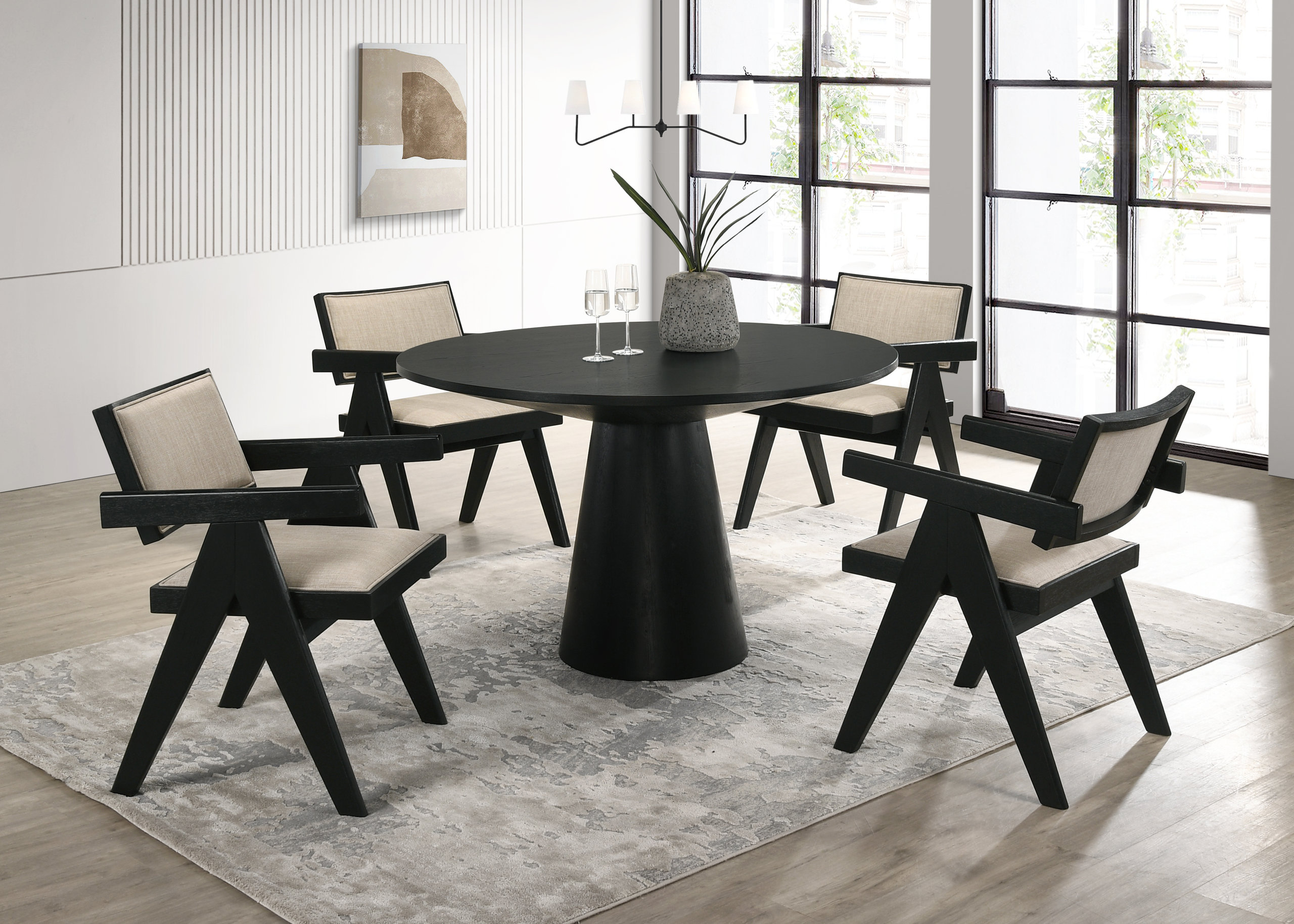Jasper 5Pc Ebony Black 47"W Round Dining Set with Pedestal Base ...