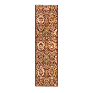 8' Red Gold And Olive Floral Stain Resistant Runner Rug - Traditional ...