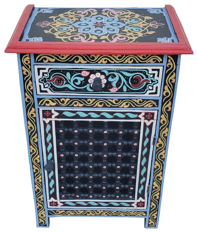 Moroccan Hand Painted Wooden Nightstand, Musharabi Black II ...