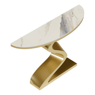 39.4" White/Gold Curved Console Table With Sintered Stone Top Half Moon ...