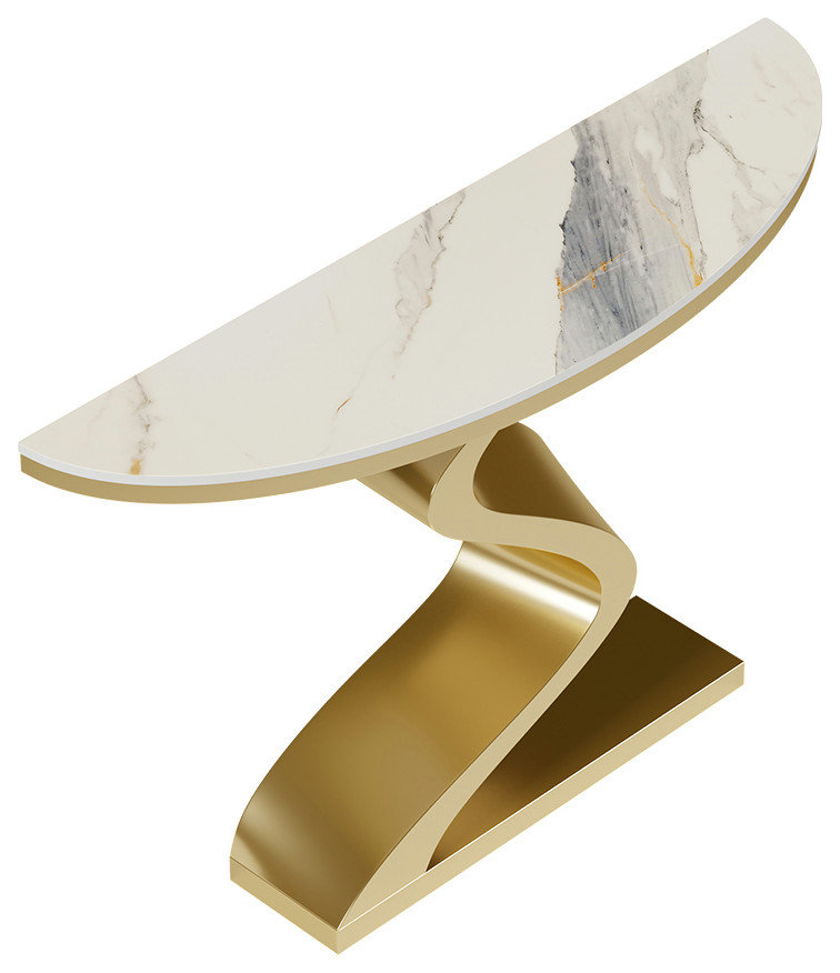 39.4" White/Gold Curved Console Table With Sintered Stone Top Half Moon ...