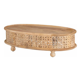 Natural Mango Wood Round Coffee Table with Lattice Carved Pattern ...