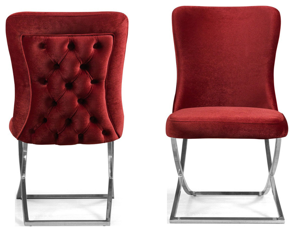 Set of Two Tufted Burgundy And Silver Upholstered Microfiber Dining ...