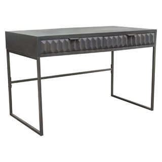 Fiva 47 Inch 2 Drawer Desk, Embossed Geometric Patterns, Smoke Gray ...