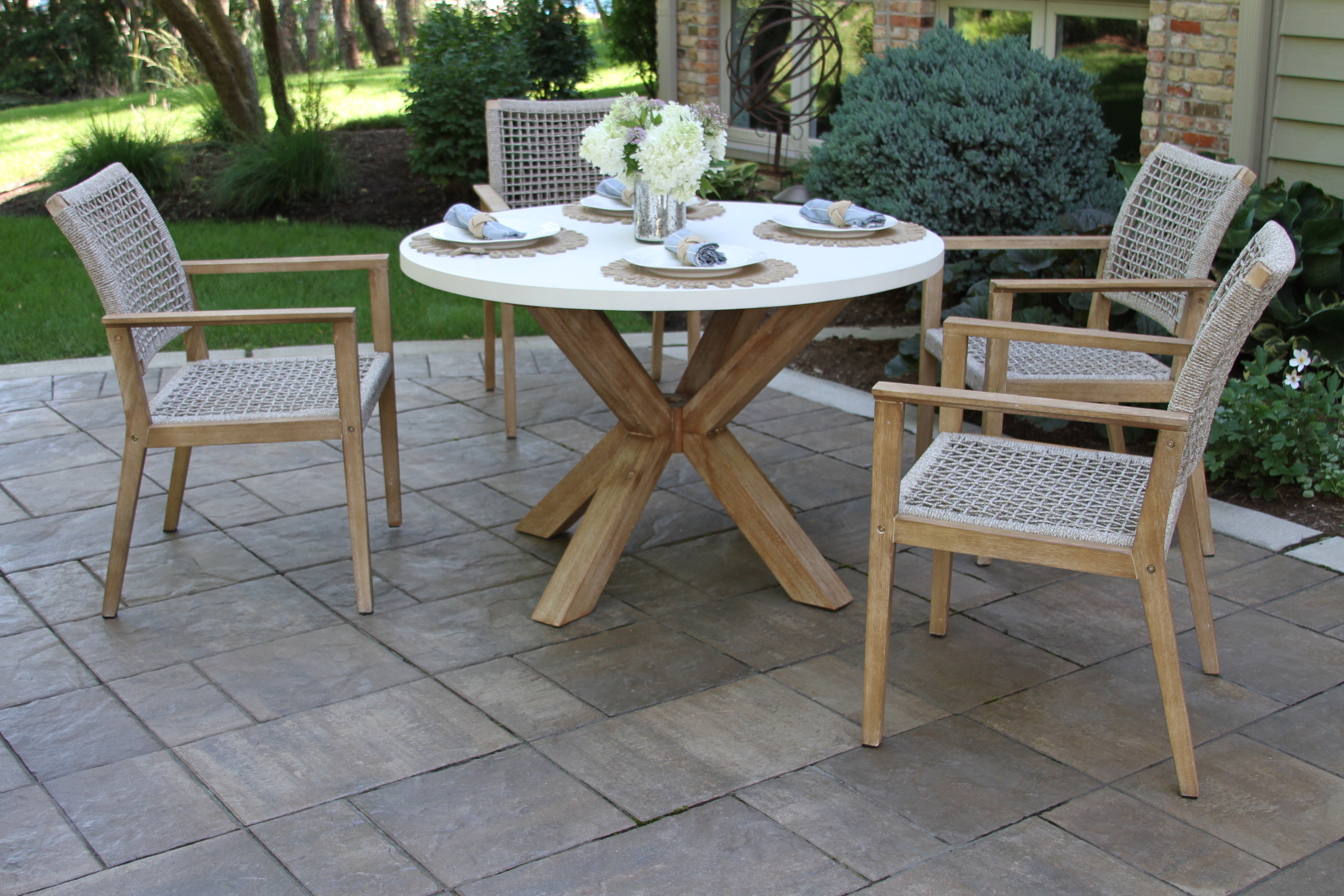 48" Ivory Composite Dining Table With 4 Wheat Rope Chairs - Beach Style ...