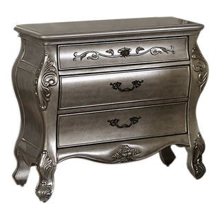 Traditional Bombe Shaped 3 Drawer Nightstand with Cabriole Legs, Silver ...