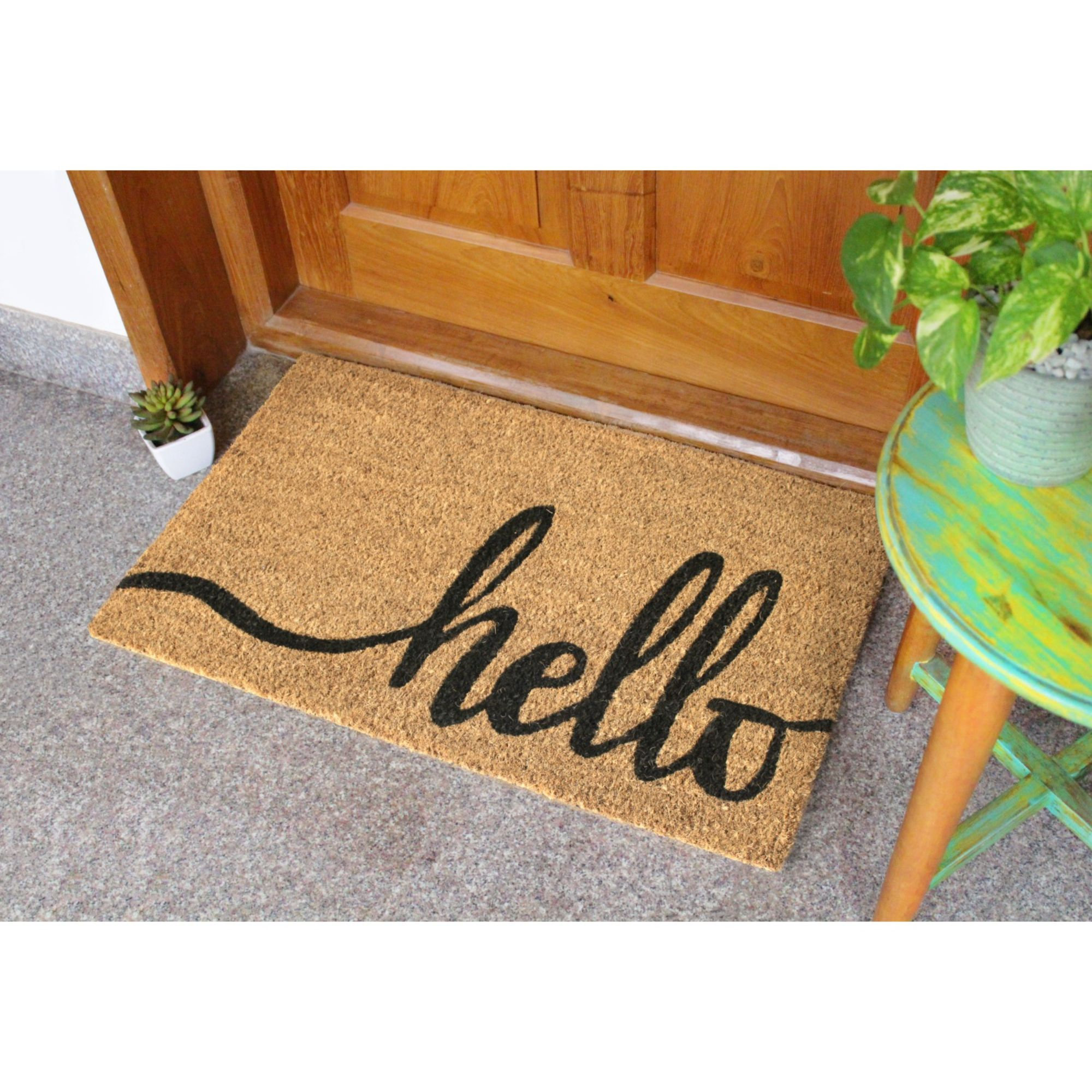 Black Machine Tufted Natural Hello Doormat, 18" x 30", 18" x 30 ...