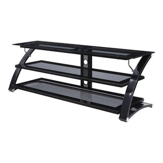 Modern V-Shaped TV Stand with Smoked Glass Shelves and Black Metal ...