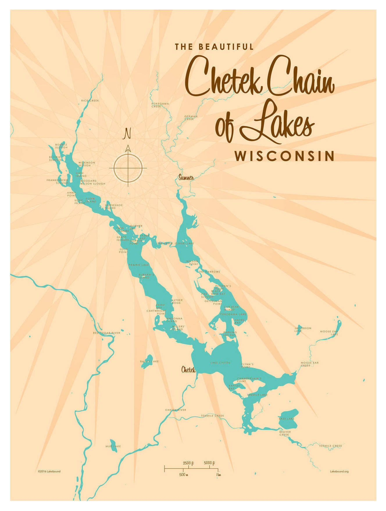 Lakebound Chetek Chain of Lakes Wisconsin Map Art Print, 18"x24 ...
