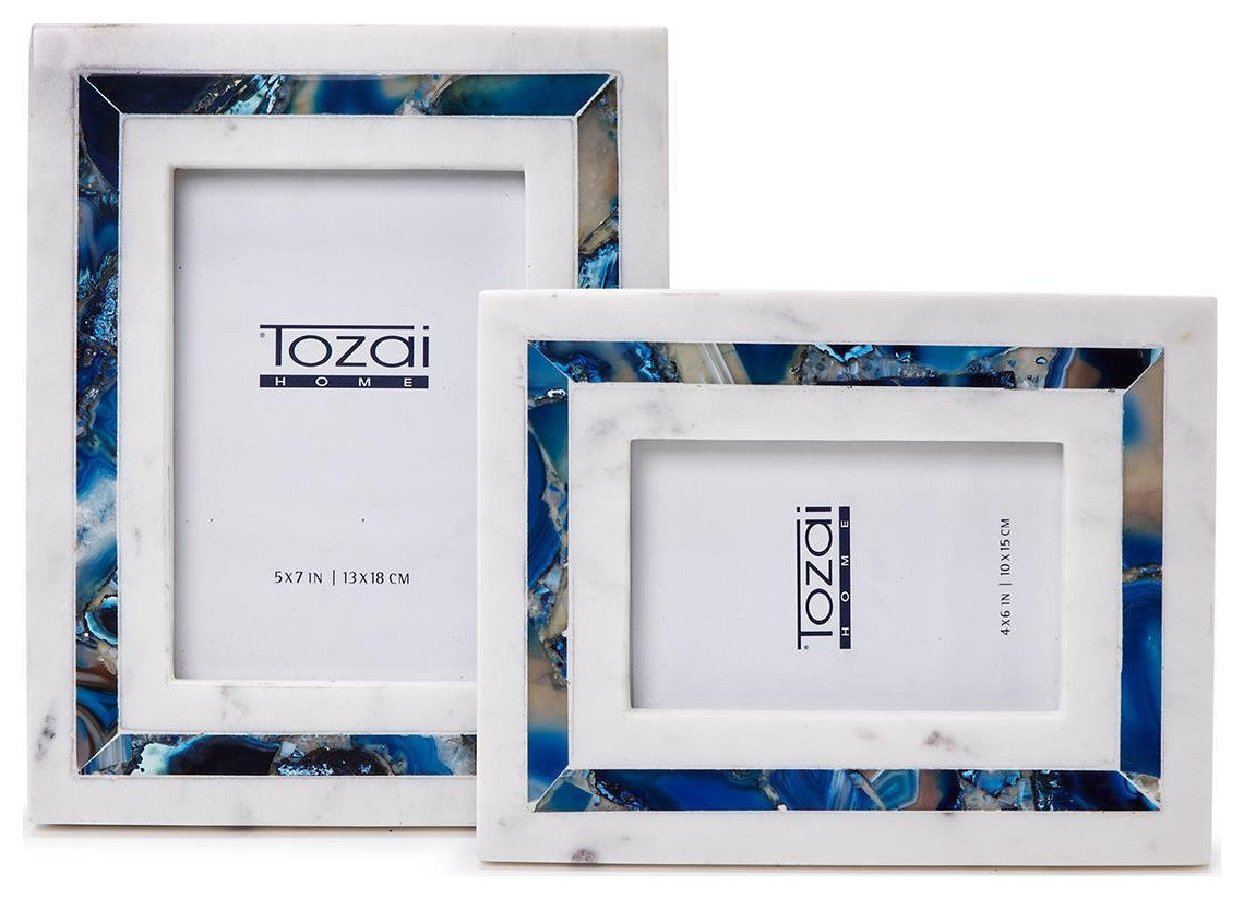 Tozai Blue Agate Inlay Set of 2 White Marble Photo Frames ...