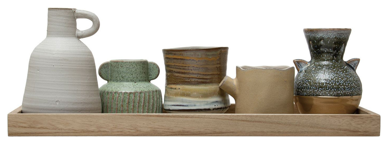 Mango Wood Tray with 3 Vases and 2 Planters, Multicolor Reactive Glaze ...