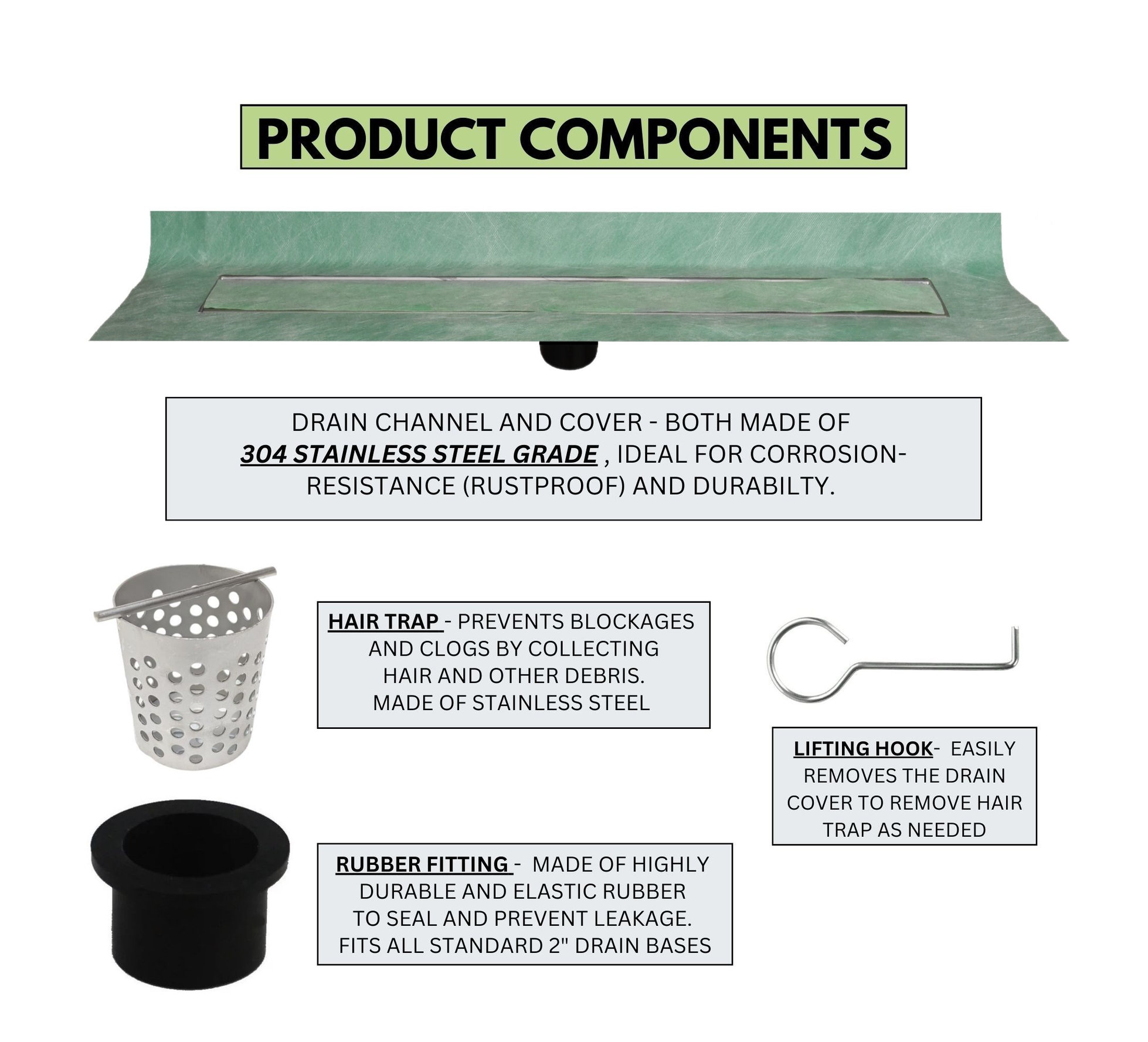 SereneDrains Linear Shower Drain 304 Brushed Stainless Steel Invisible ...