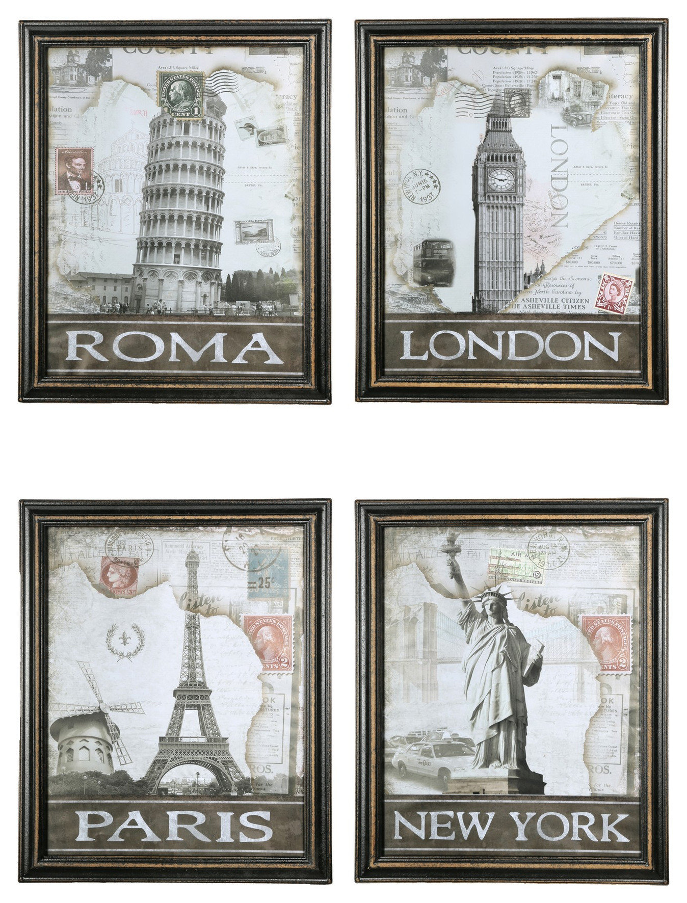 Rectangular Wooden Wall Art with Different Cities, Assortment of 4 ...