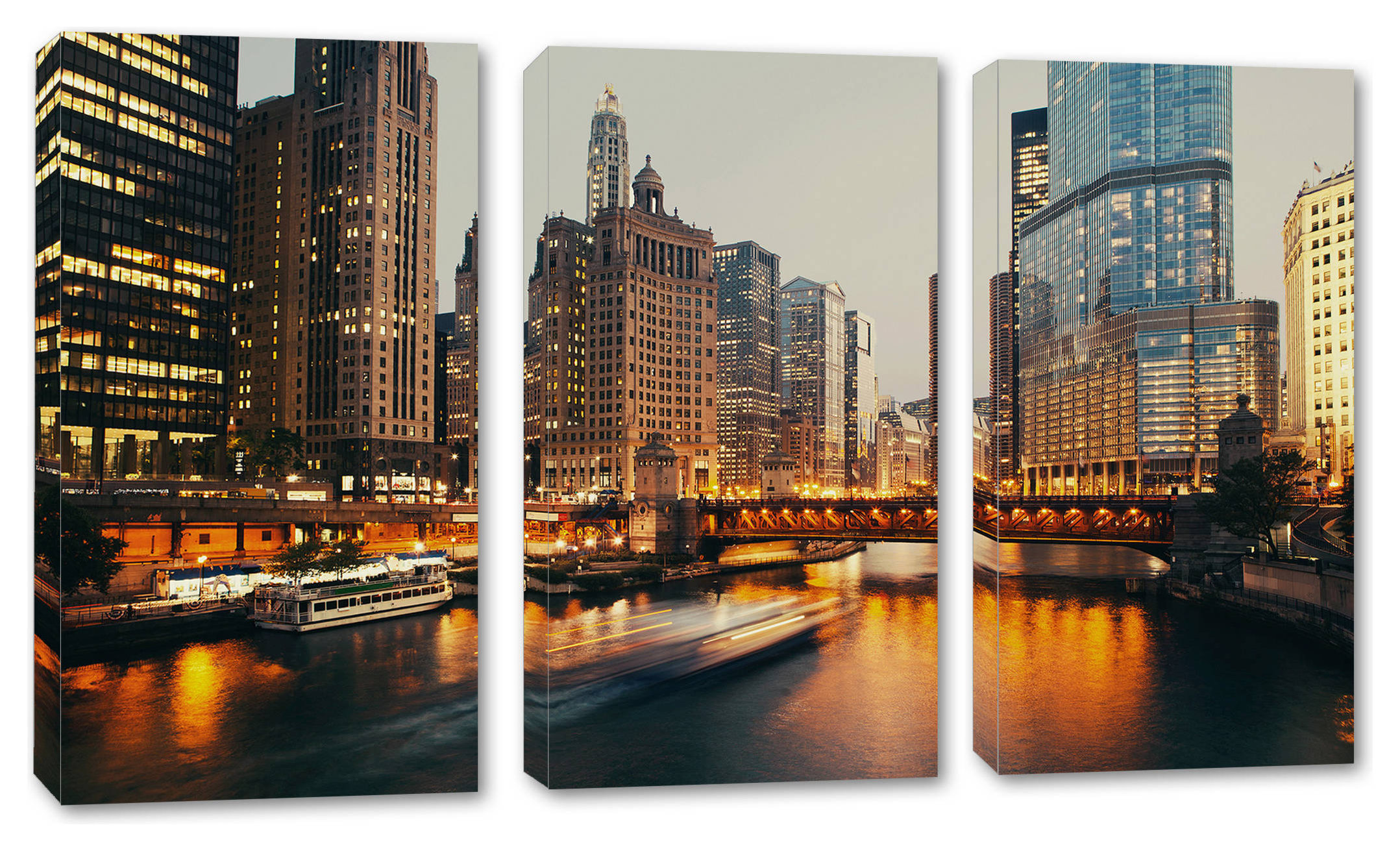 Chicago Urban Skyline, Dusable Bridge, 3-Panel Canvas Print Wall Art ...