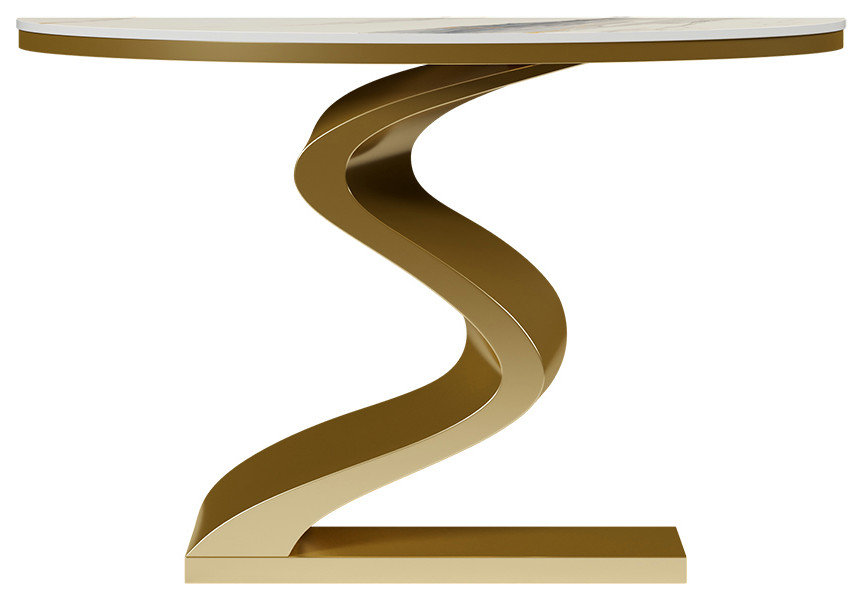 39.4" White/Gold Curved Console Table With Sintered Stone Top Half Moon ...
