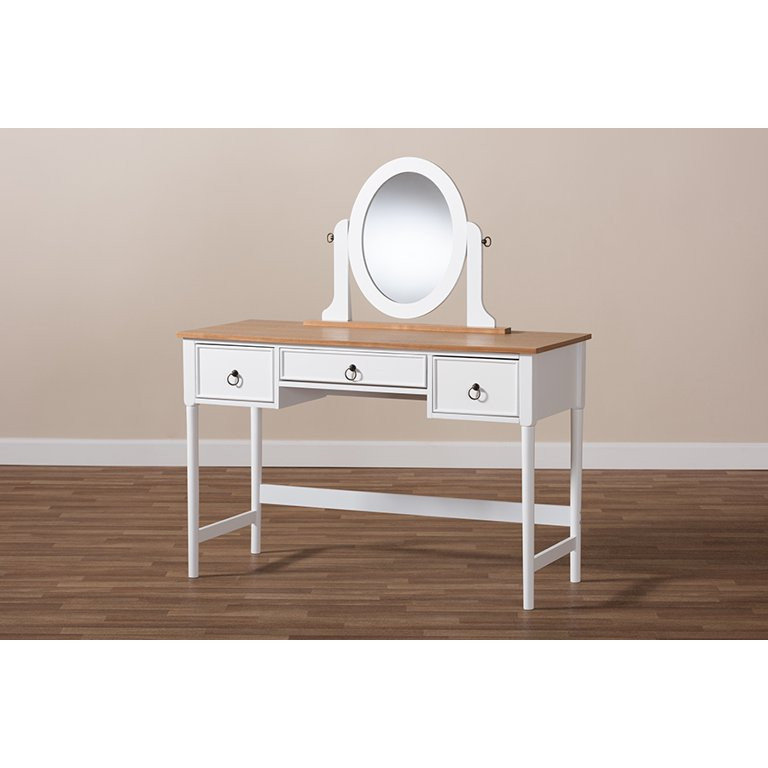 Transitional Vanity Table, Adjustable Round Mirror & 3 Storage Drawers ...
