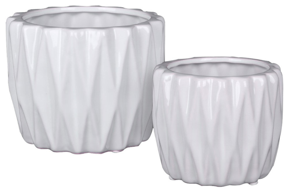 Round Ceramic Vase With 3D Triangle Pattern, Set of 2, White ...