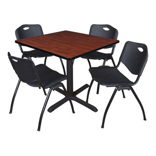 Cain 42" Square Breakroom Table- Cherry & 4 'M' Stack Chairs- Black ...