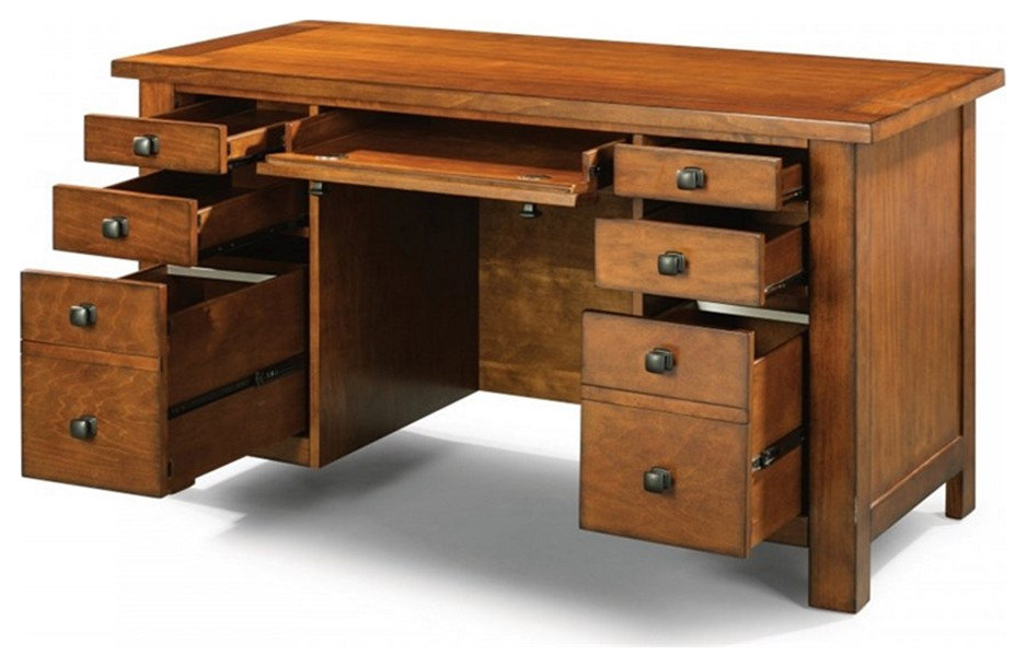 Pemberly Row Contemporary Aged Maple Executive Pedestal Desk ...