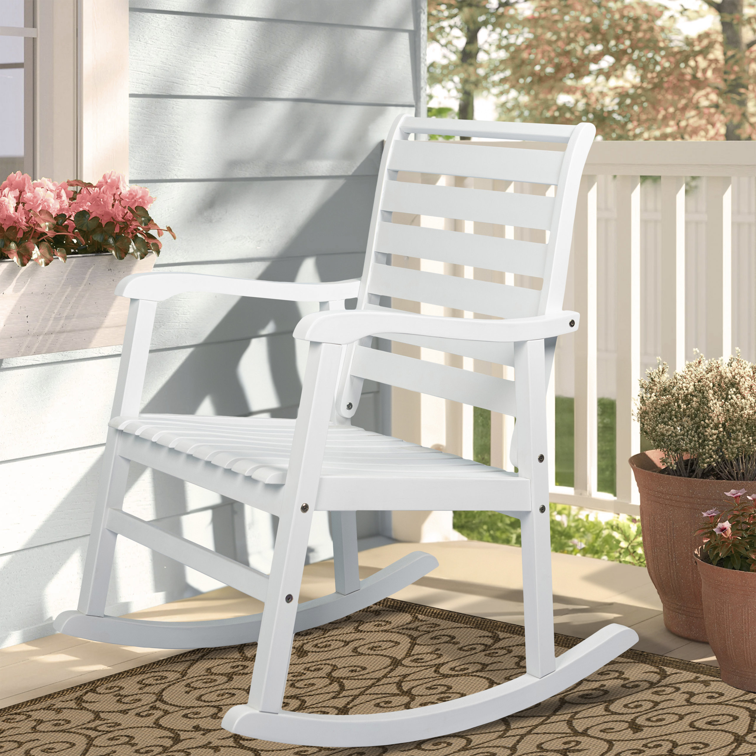 Carey Modern Slat-Back Acacia Wood Patio Outdoor Rocking Chair - Beach ...