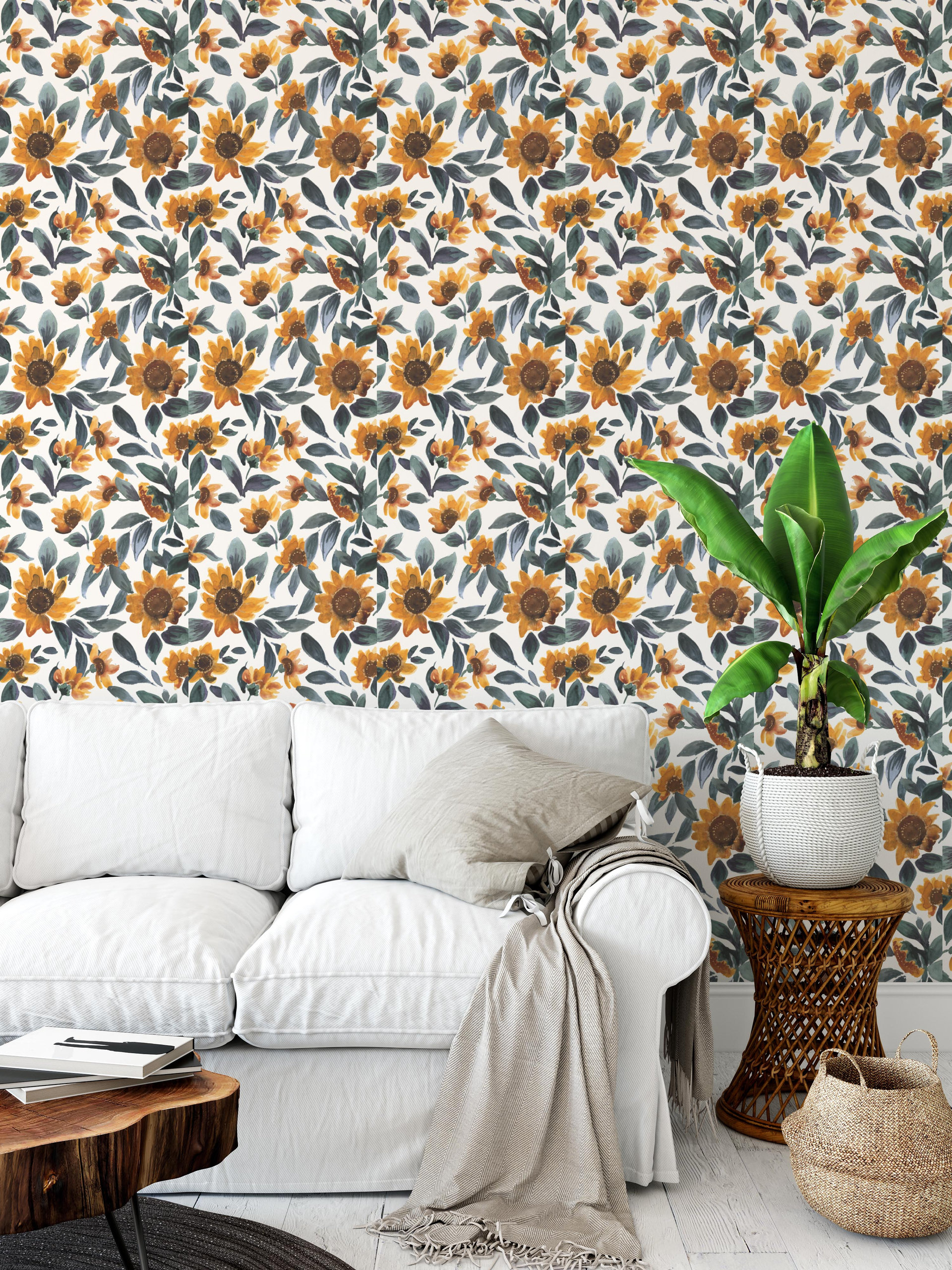 Sunset Sunflowers Teal Flowers Wallpaper, Sample 12"x8" - Farmhouse ...