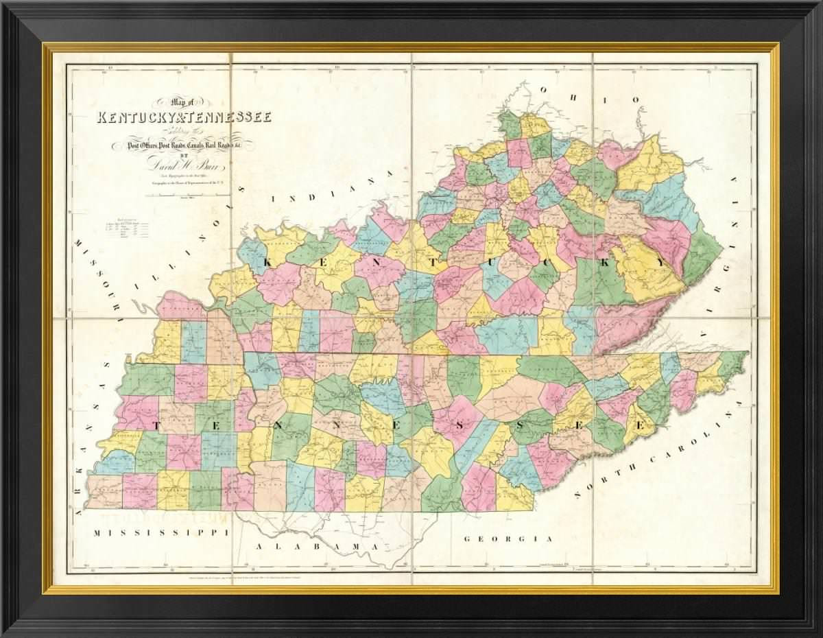 "Map of Kentucky & Tennessee, 1839" by David H. Burr, 20x16", 34"x1.5 ...