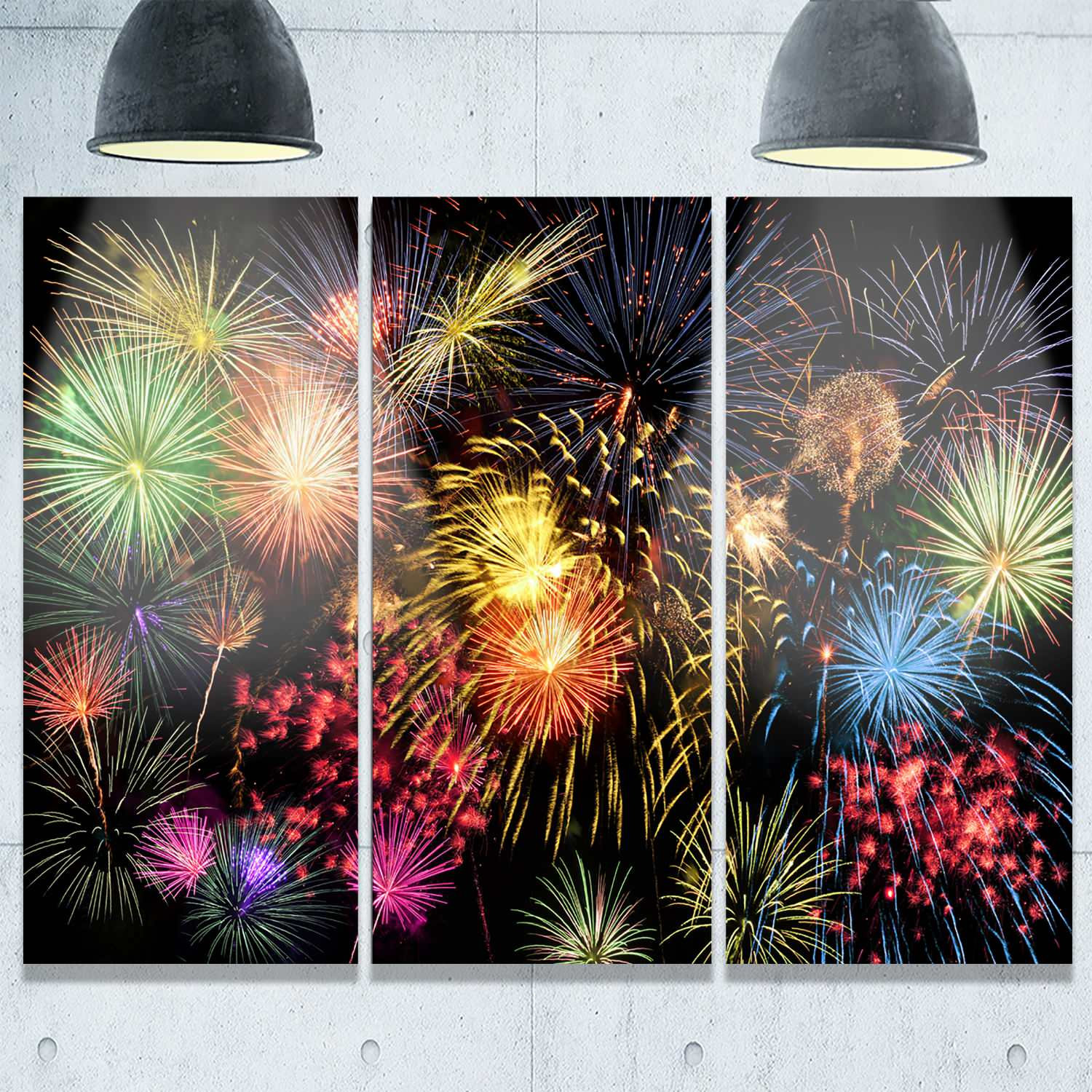"Colorful Fireworks at Night Sky" Photo Metal Wall Art, 3 Panels, 36 ...