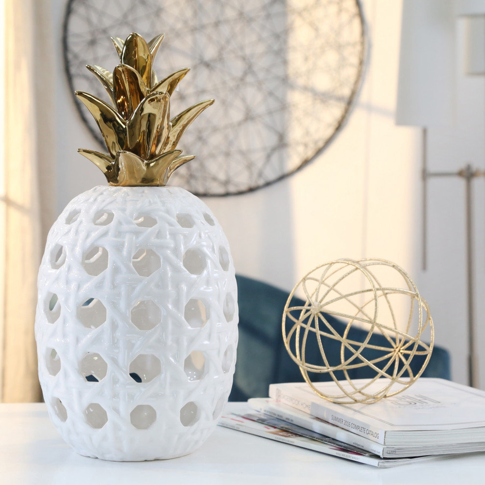 Ceramic 16" Lattice Weave Pineapple, White/Gold - Tropical - Decorative Objects And Figurines ...