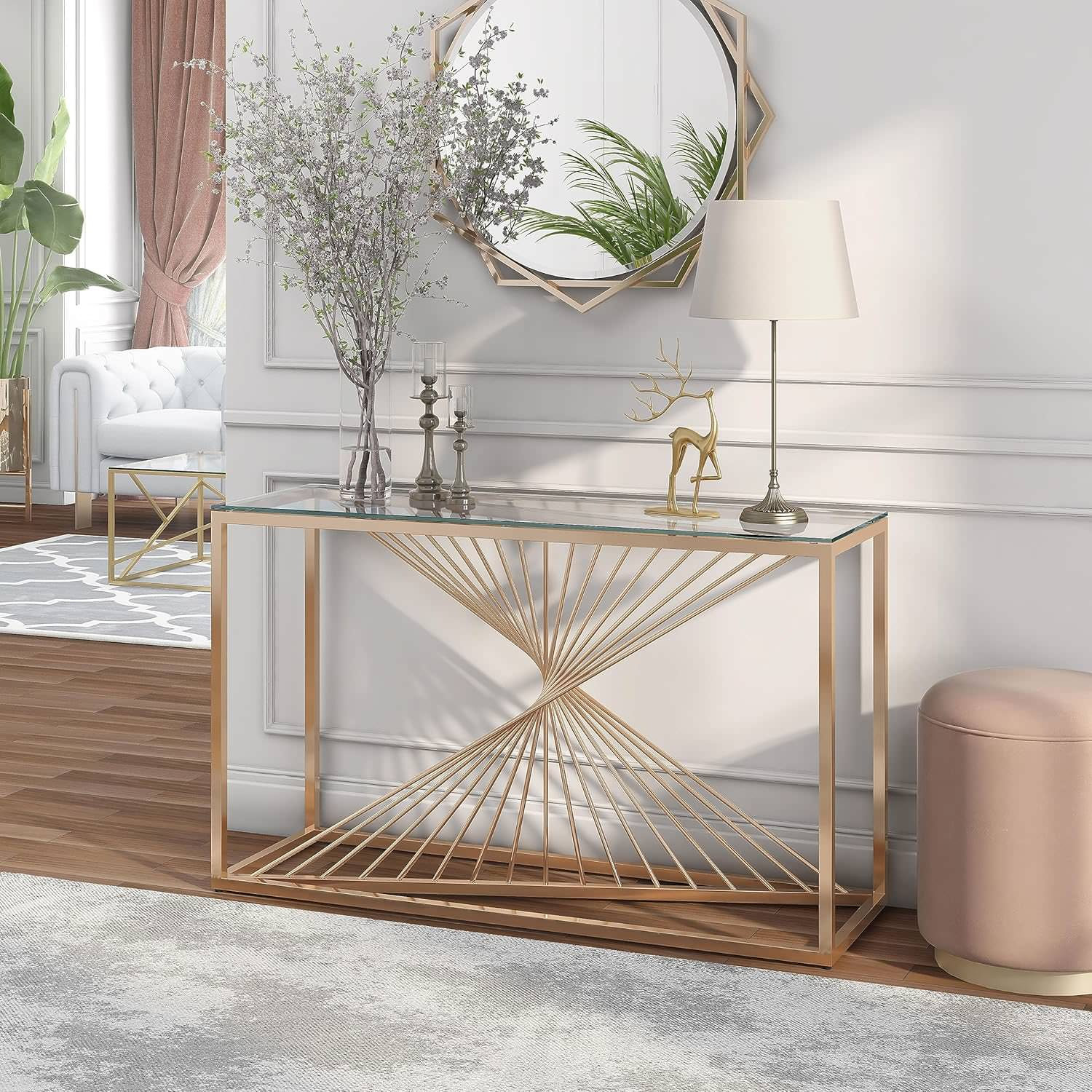 Glam Contemporary Console Table, Twisted Rod Base Golden Base With ...