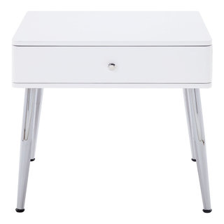 Contemporary End Table, Angled Chrome Lega With White High Gloss Top ...