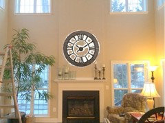 Large Clock Placement Over Fireplace - Two Story Family Room