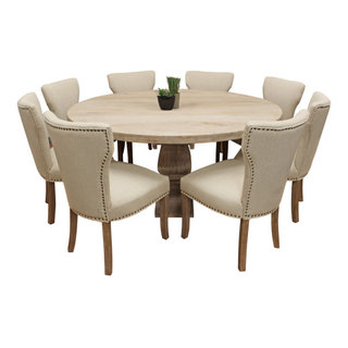 Benedict 9-Piece Dining Set, 70" Round Dining Table & 8 Ivory Linen ...