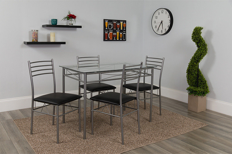 Murray Hill 5-Piece Glass Dinette Set With Black Vinyl Padded Chairs - Contemporary - Dining ...