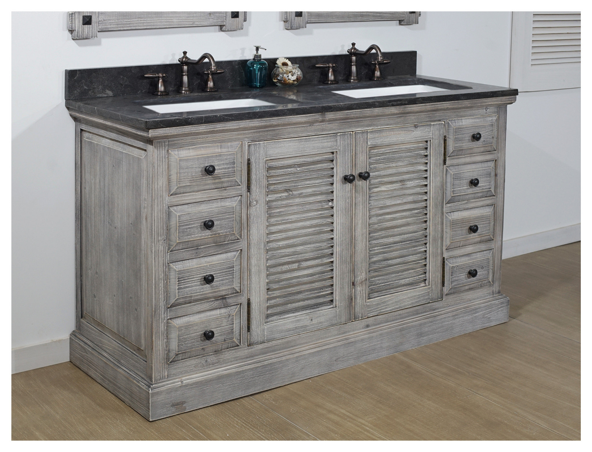 Rustic Double Sink Vanity With Rectangular Sink With Limestone Top ...