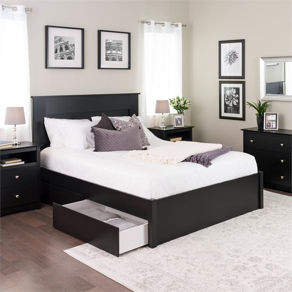 Pemberly Row Queen 4-Post Platform Bed with 4 Drawers in Black ...