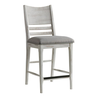 Modern Rustic Panel Back Counter Stool With Cushion, Weathered White ...