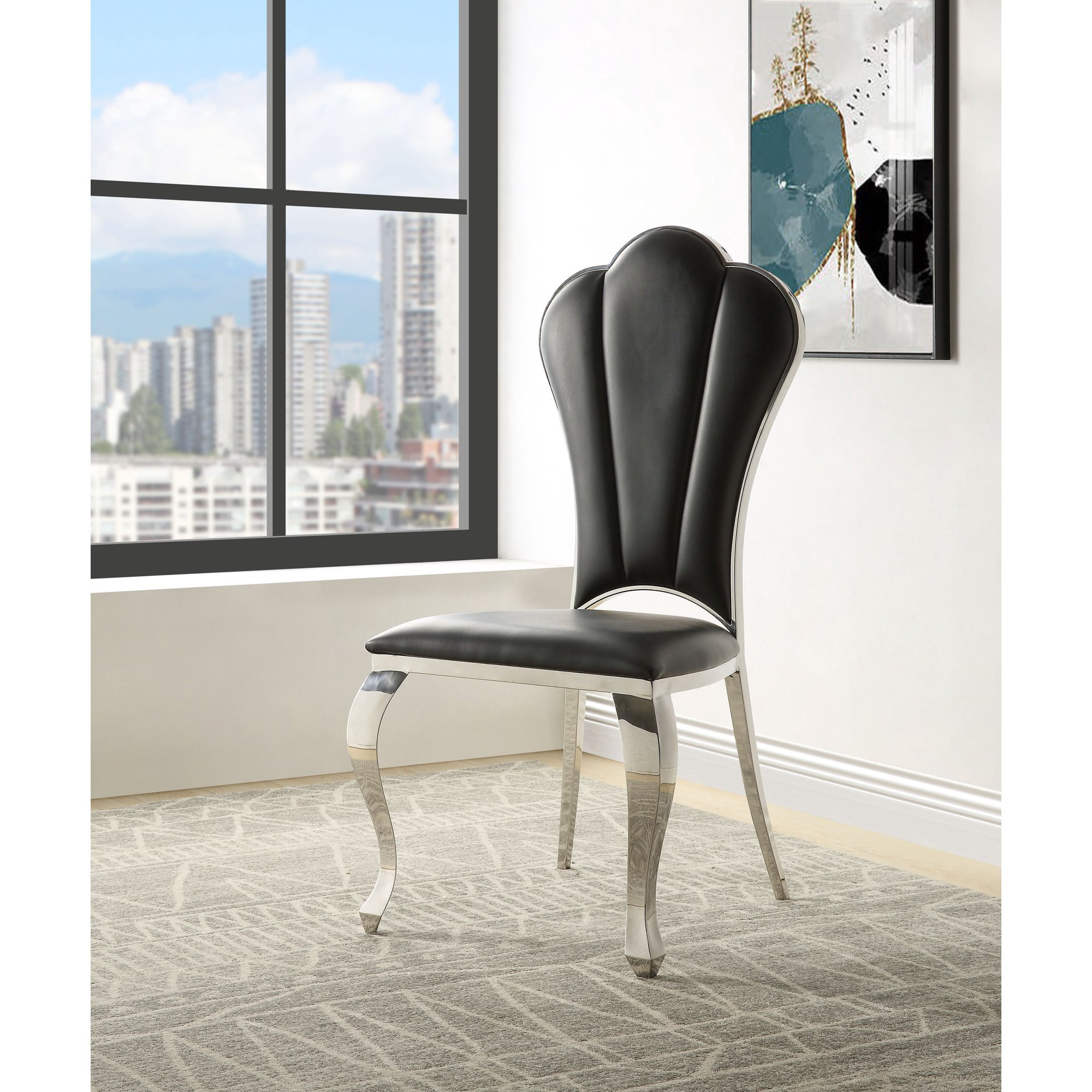 Set of 2 Dining Chair, Silver Stainless Steel Frame & Faux Leather Seat ...