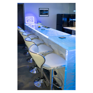 Glass private man bar and shelves with waterfall leg and led lights ...