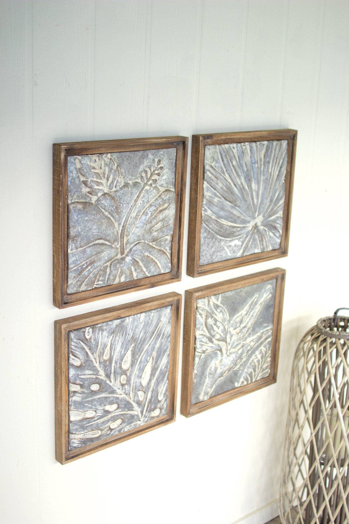 Tropical Botanical 18" Square Embossed Metal Tiles Wall Art, 4-Piece ...